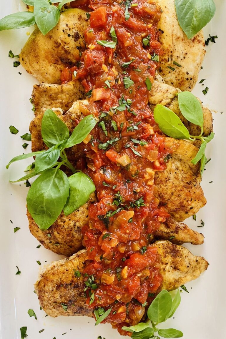 Butter Sauteed Chicken Breast with Fresh Tomato, Wine and Basil Sauce