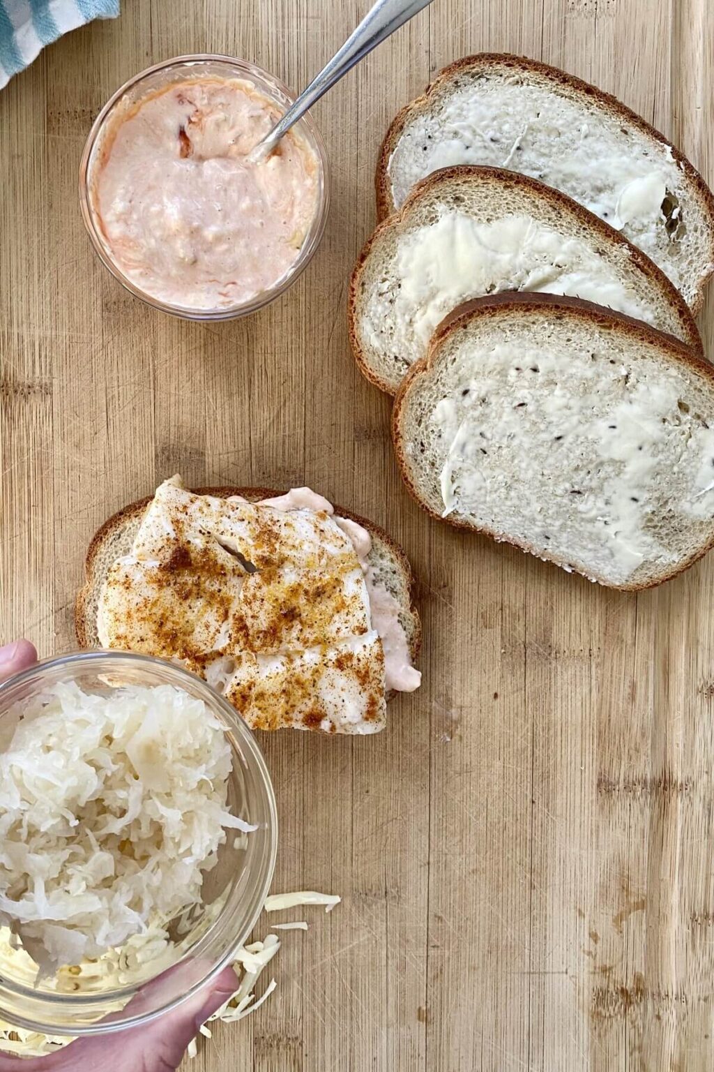 Wild Cod Fish Reuben Sandwich with 30 Second Russian Dressing